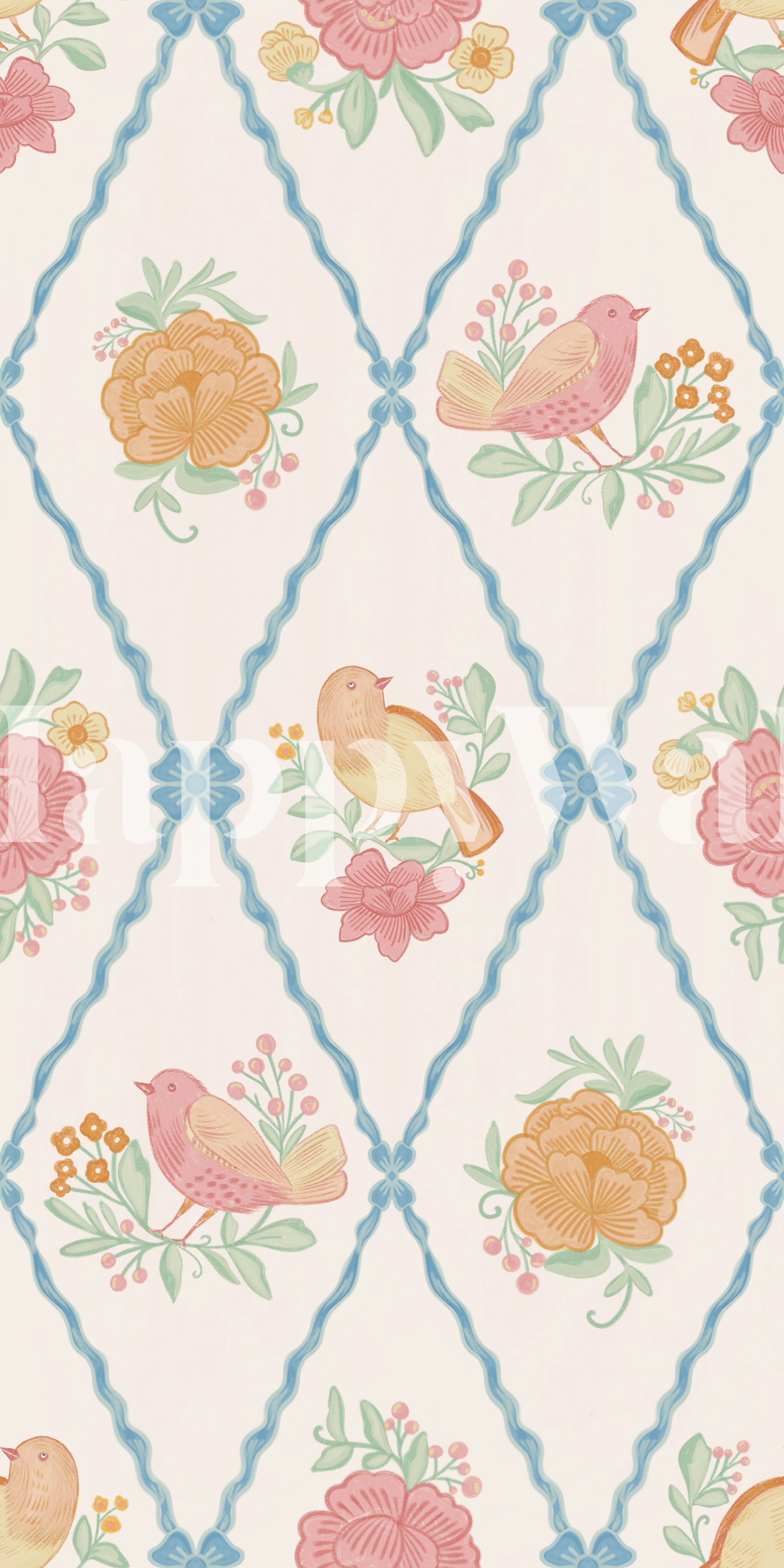 Vintage Preppy Birds and Blooms Wallpaper