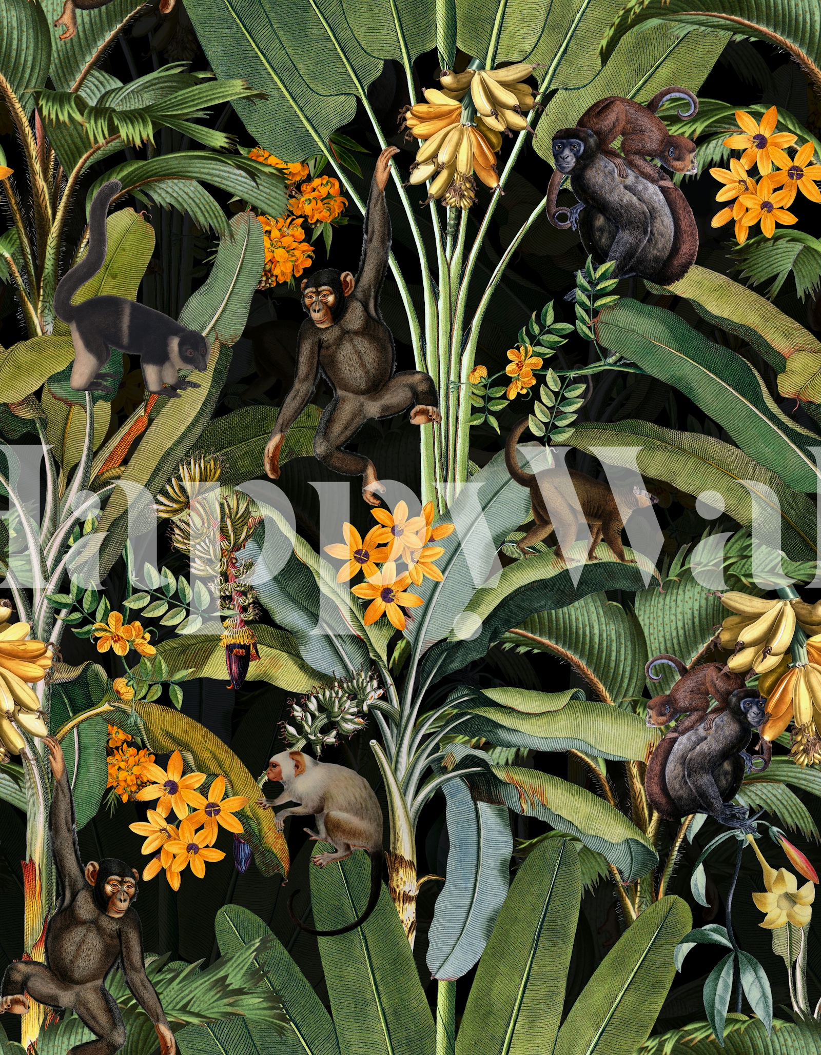 Monkeys In Vintage Midnight Jungle Wallpaper