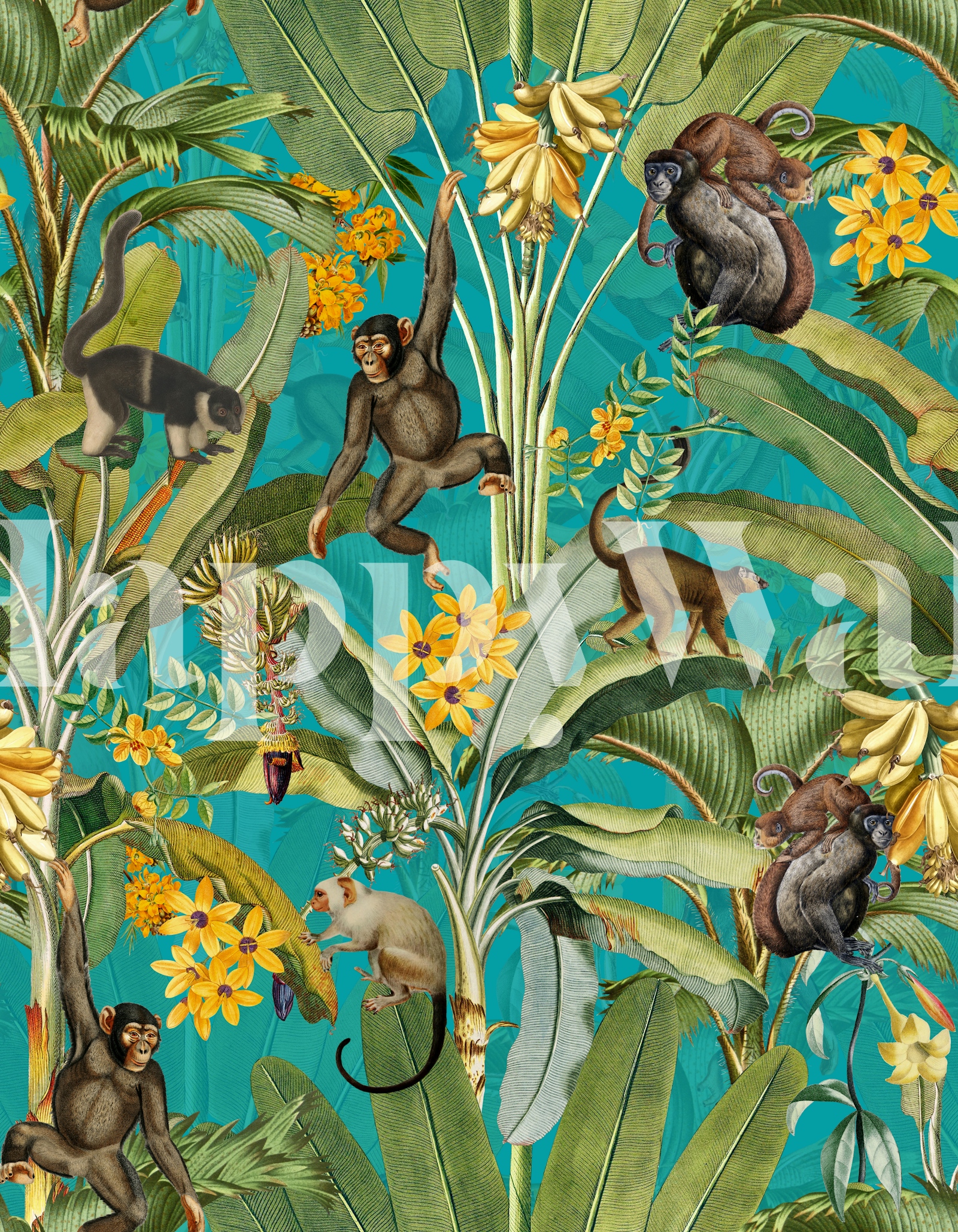 Monkeys in Turquoise Vintage Jungle | Happywall