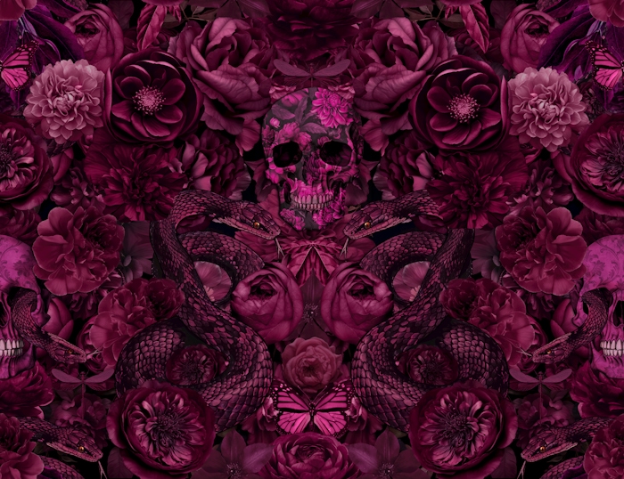 Baroque Goth Flower Skull Snake Wallpaper