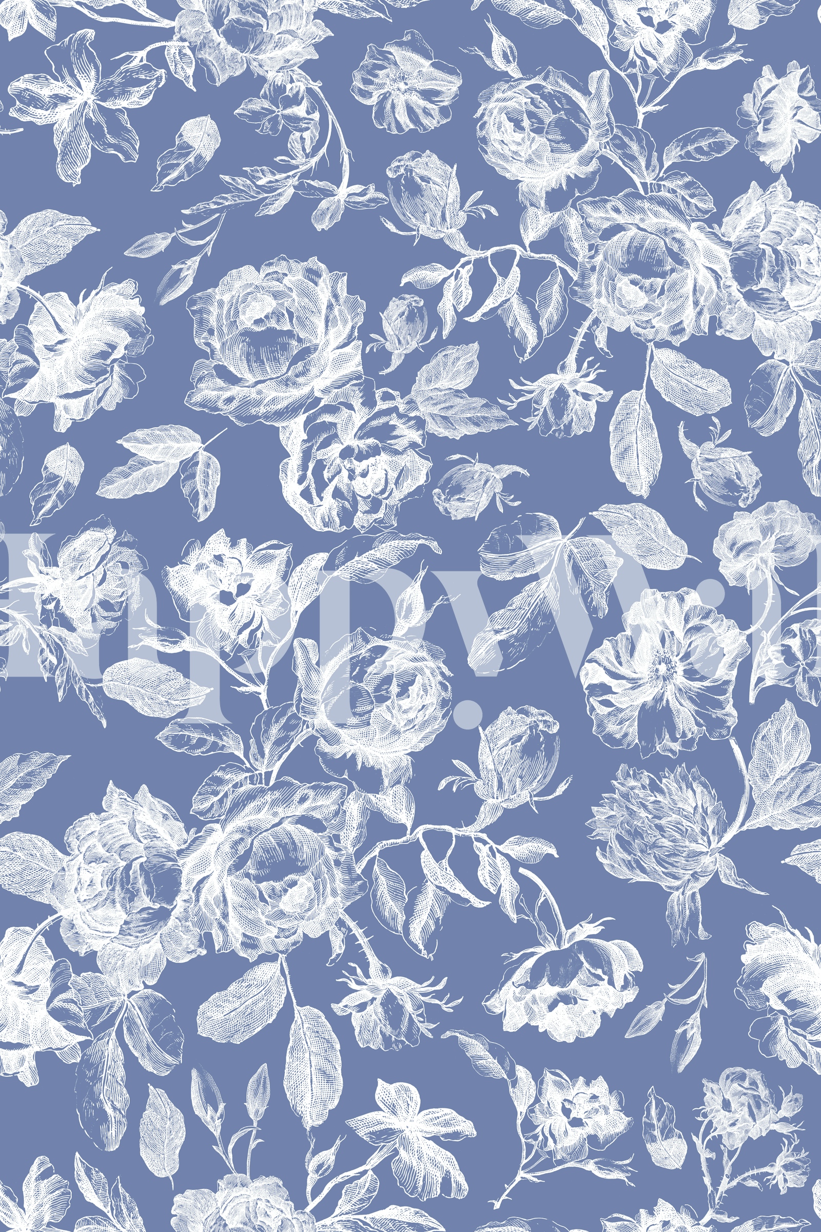 Blue Floral Wallpaper White Roses Design