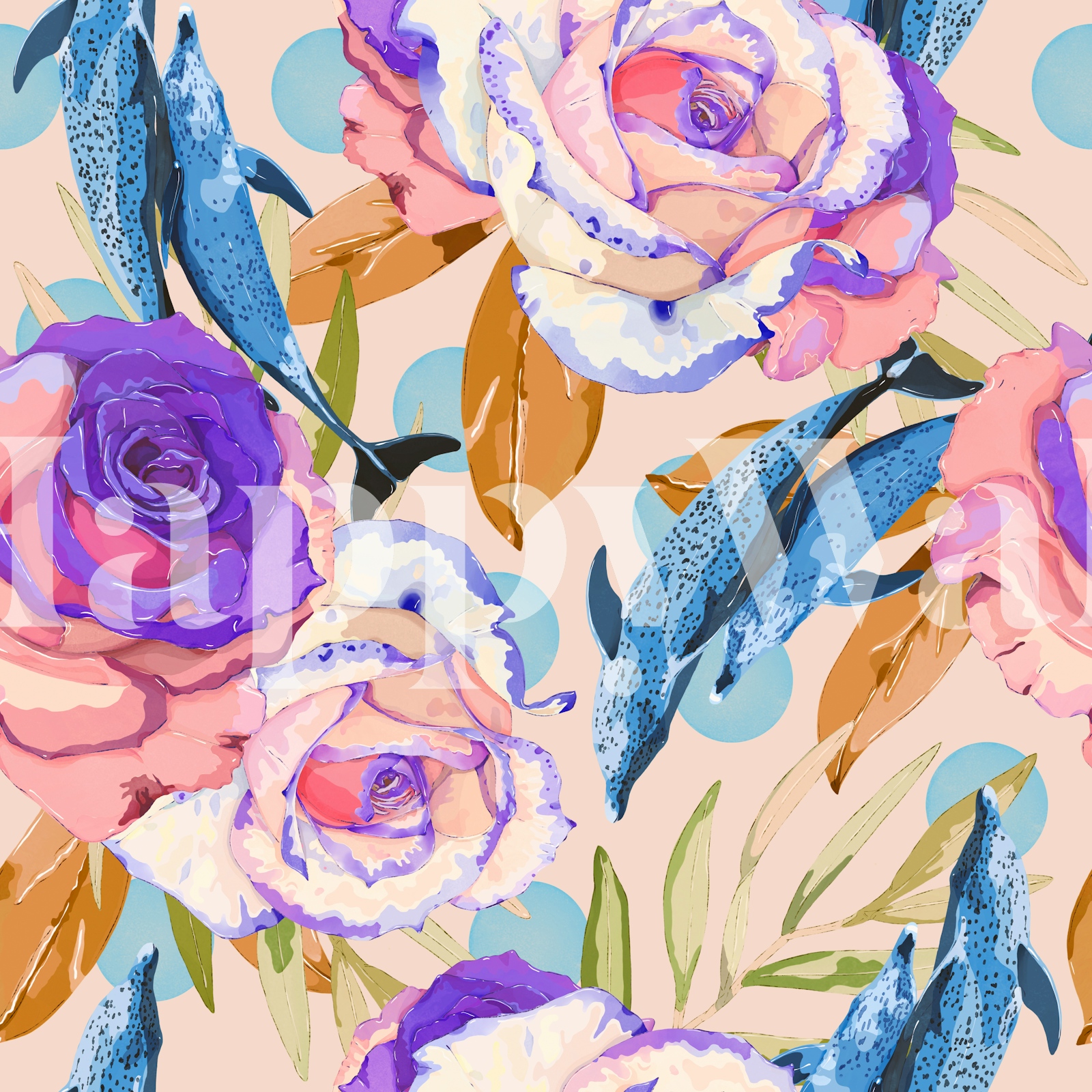 Mini Dolphins in Florals Wallpaper - happywall.com