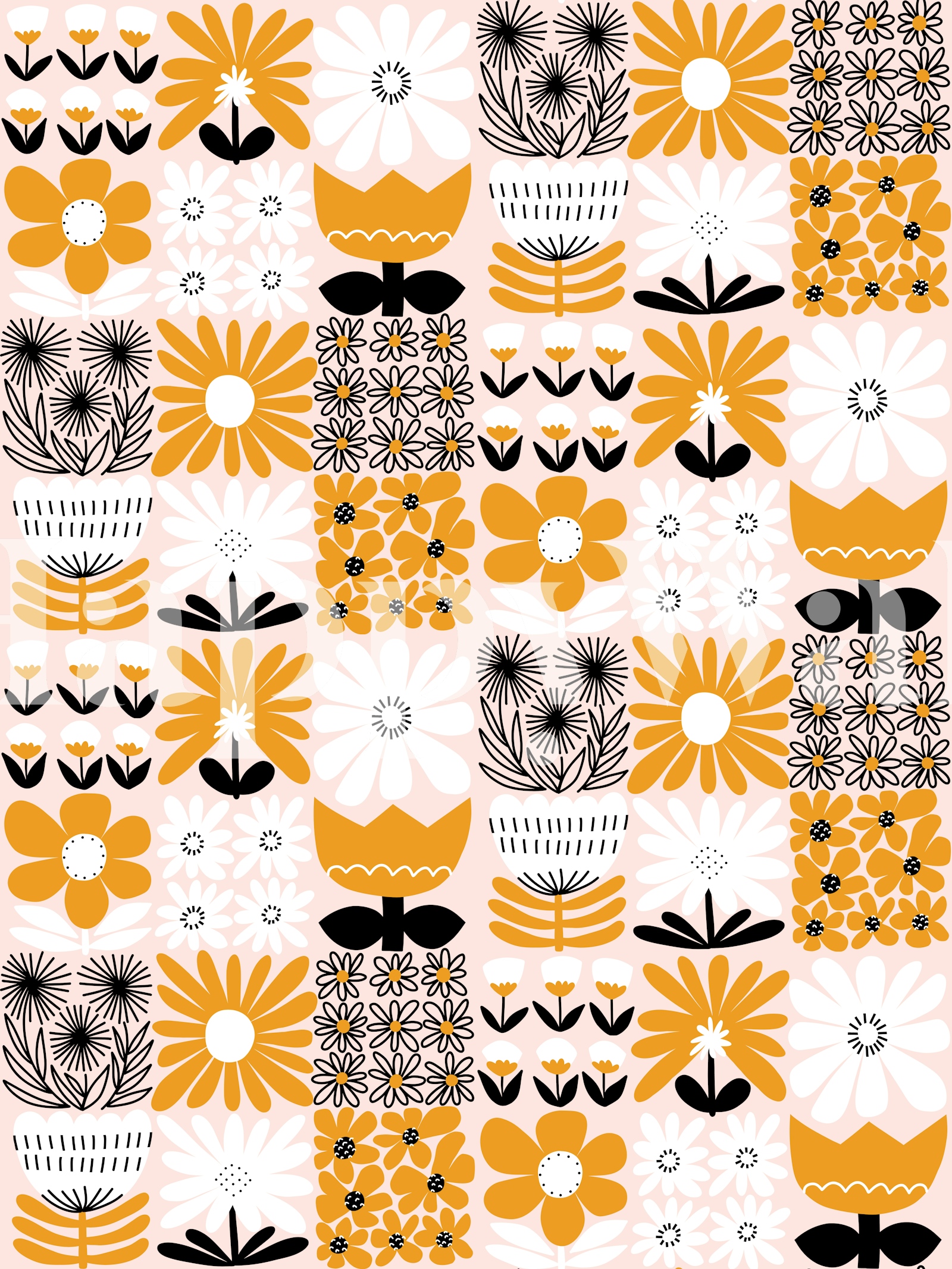 Floral Wallpaper in Pink and Yellow Squares