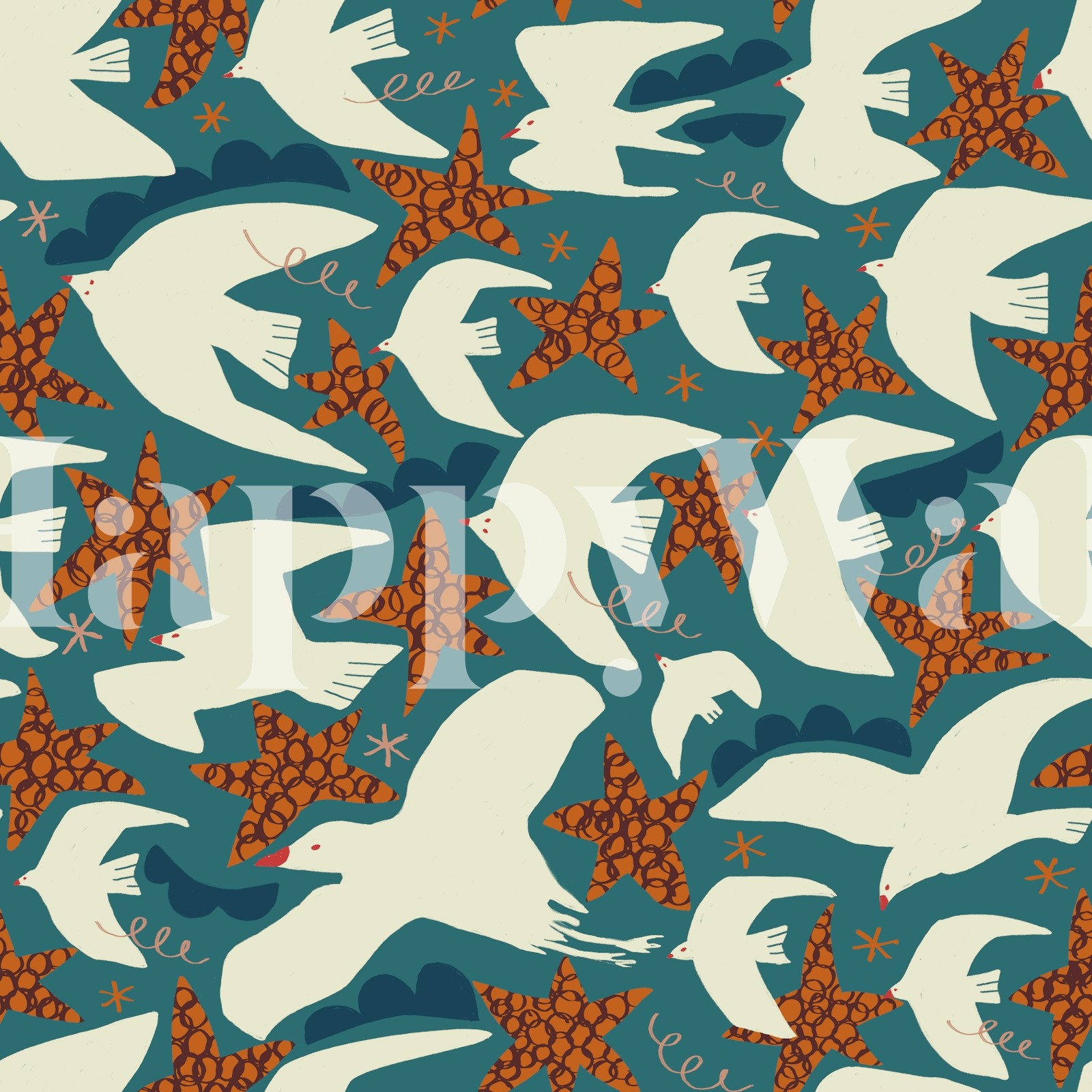 Coastal Bird and Starfish Wallpaper