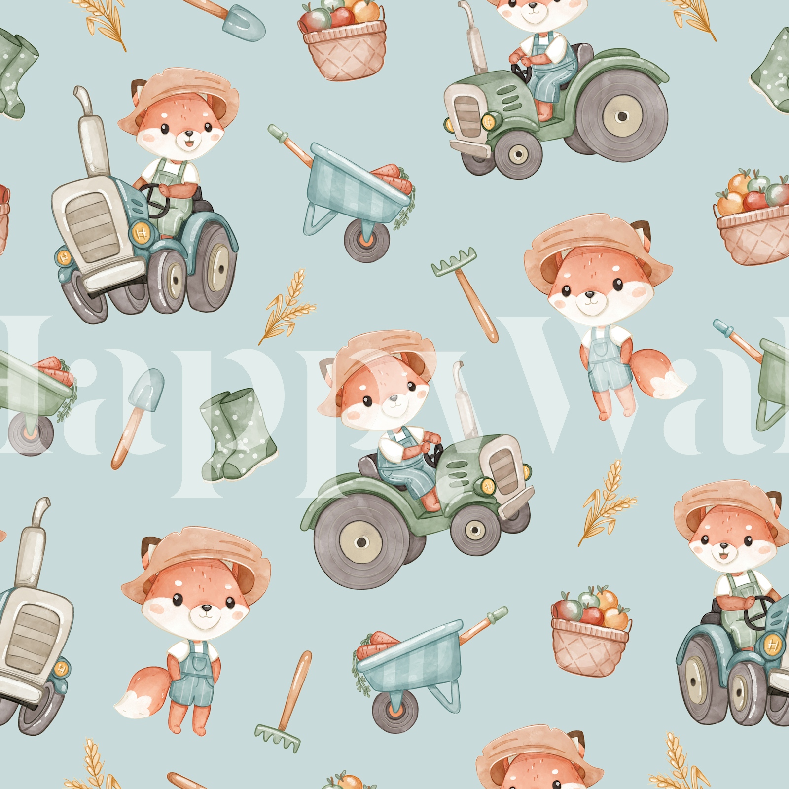 Cute Fox Farmer Wallpaper - Blue Animal Design