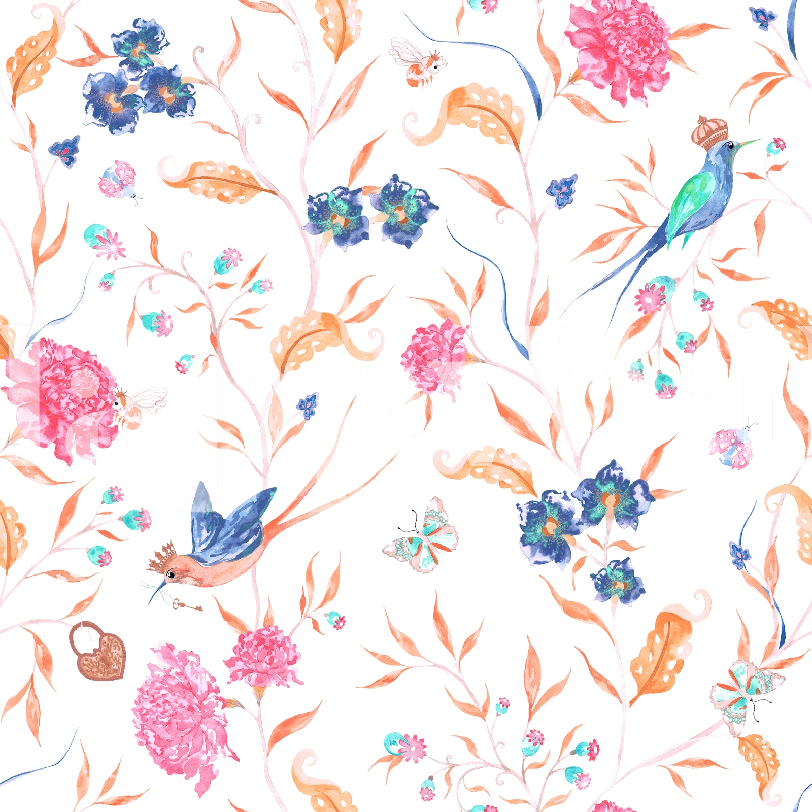 Colorful Floral Wallpaper with Birds