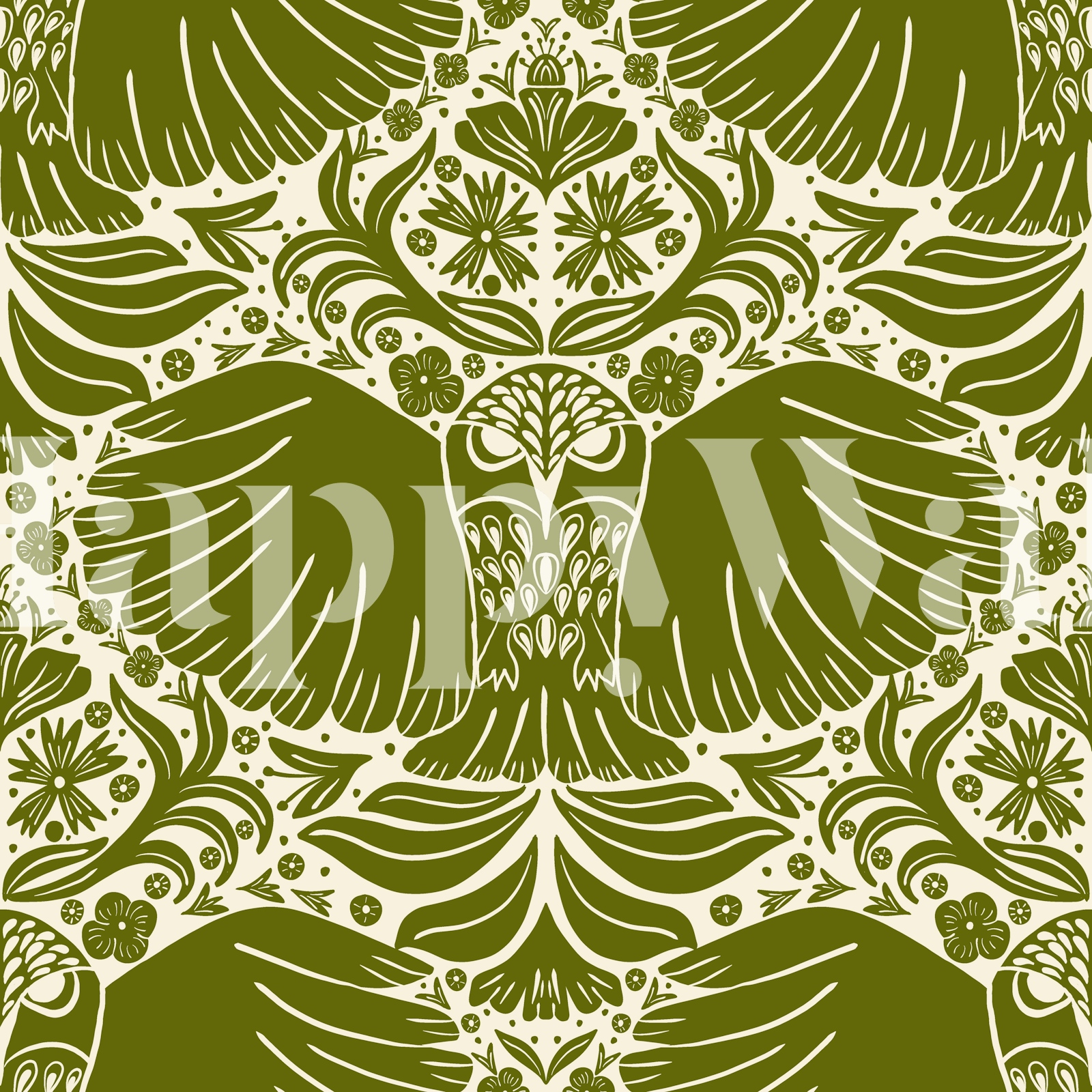Forest Green Block Printing Owls Wallpaper