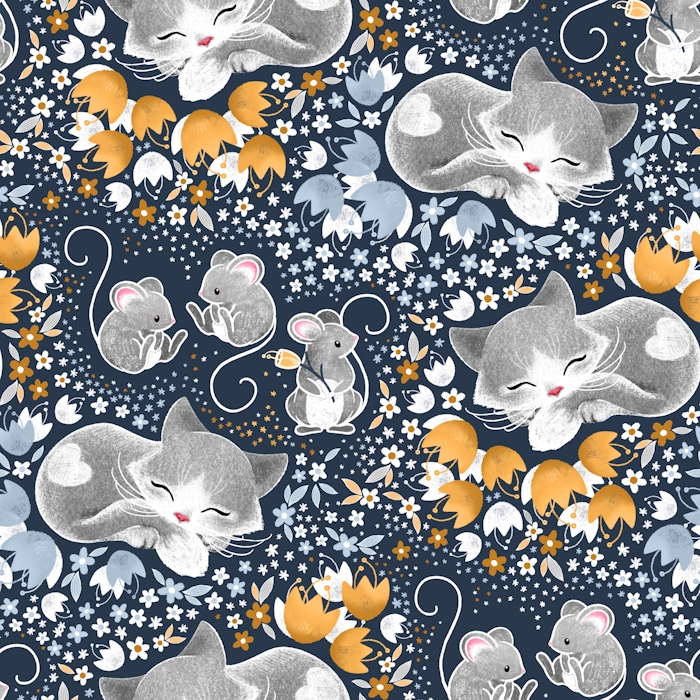 Cute Cat and Mouse Floral Wallpaper