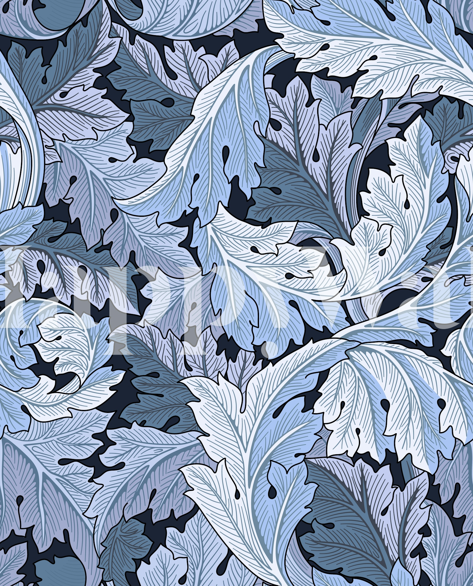 Blue Floral Wallpaper with Acanthus Leaves