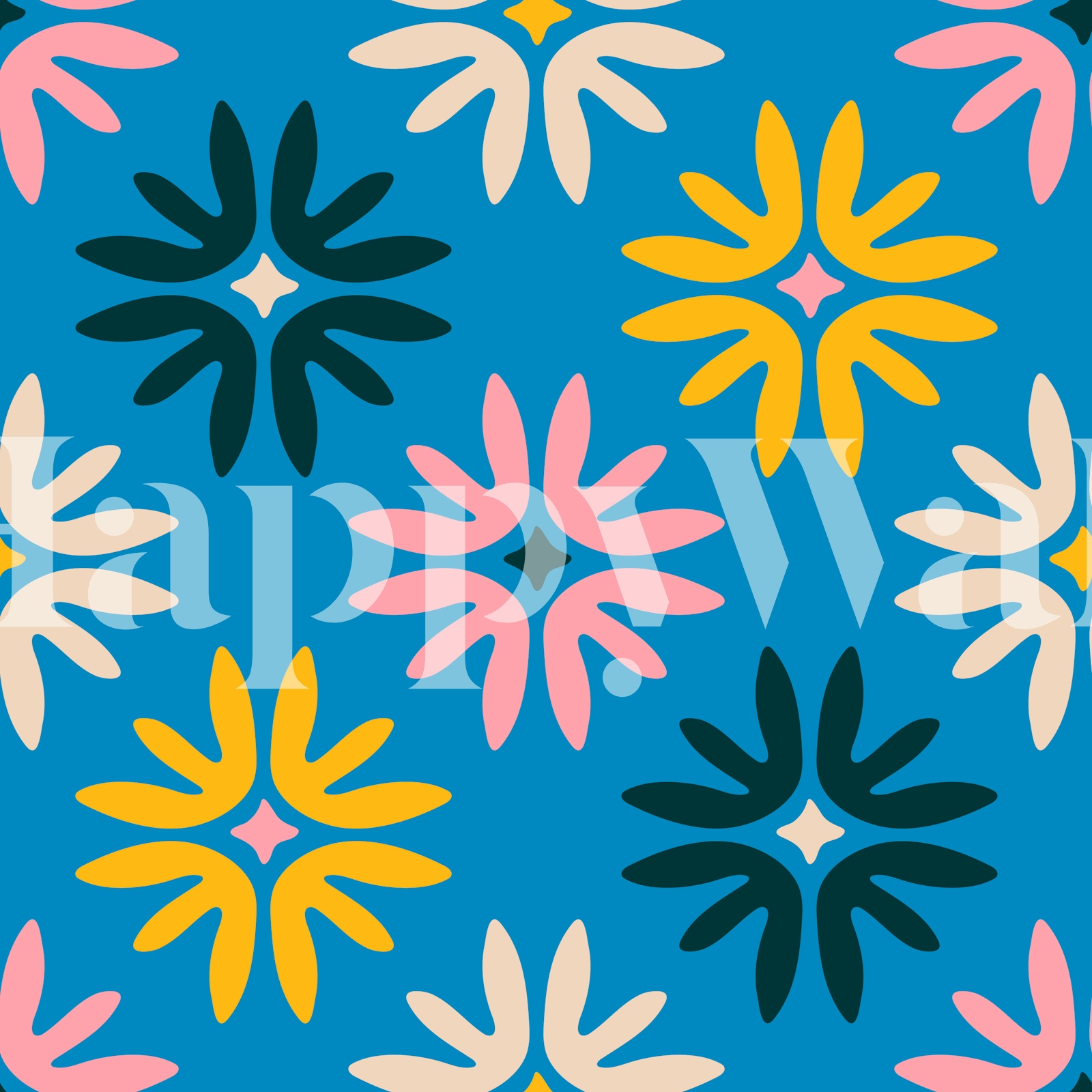 Bright Blue Floral Retro Wallpaper Design