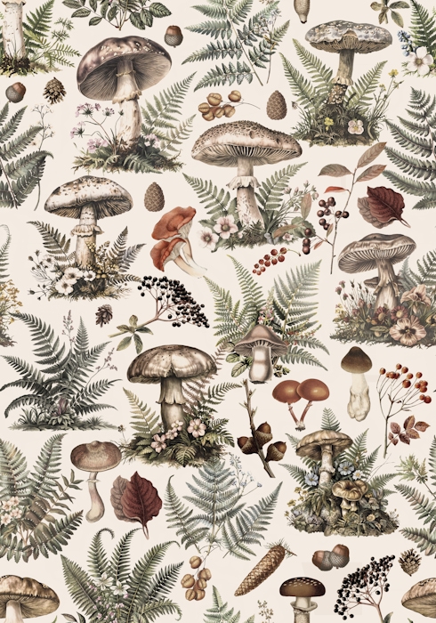 Vintage Woodland Mushroom Grove Wallpaper