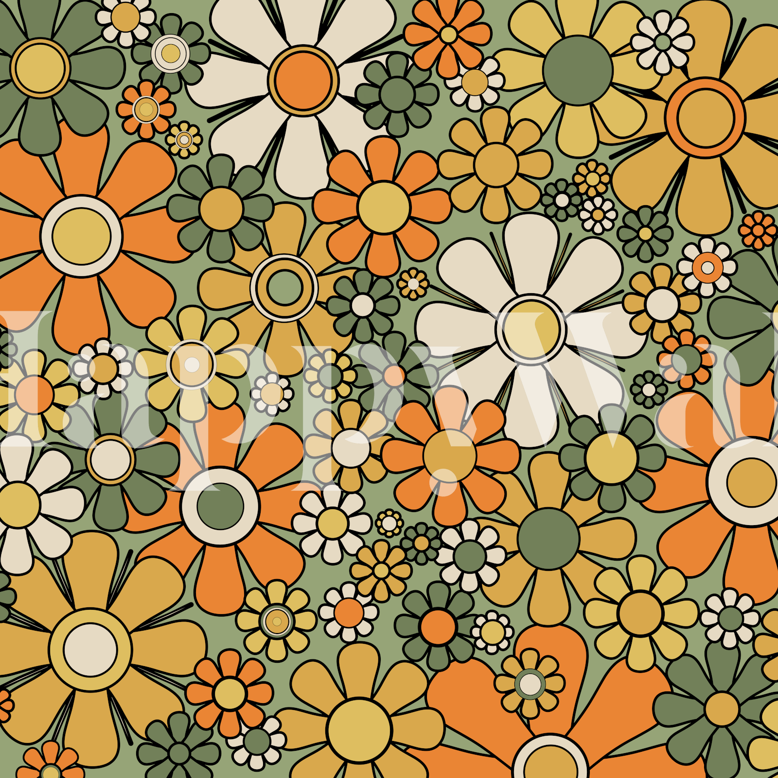 Retro Floral Green and Orange Wallpaper