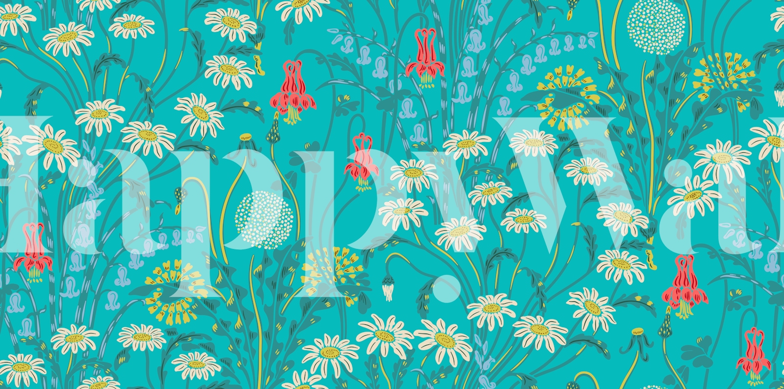 Turquoise Floral Wallpaper with Daisies