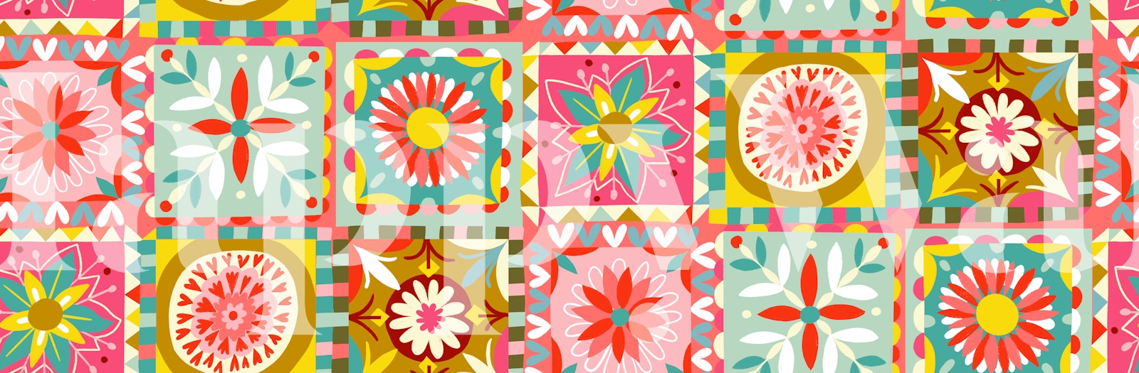 Colorful Floral Tile Wallpaper for Kids Room