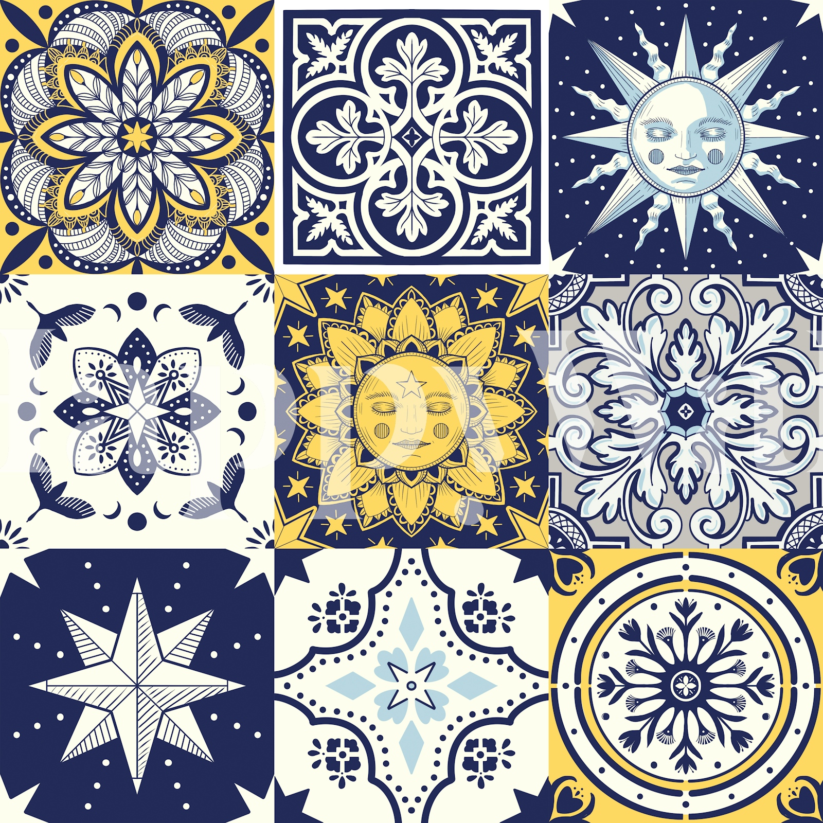 Blue Celestial Tile Pattern Wallpaper